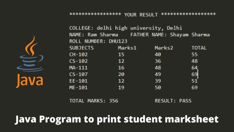 Print Student Marksheet Program in Java Programming - Programmingoneonone